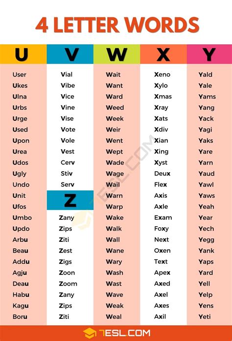 Cool Letter Words List Words With Four Letters Esl