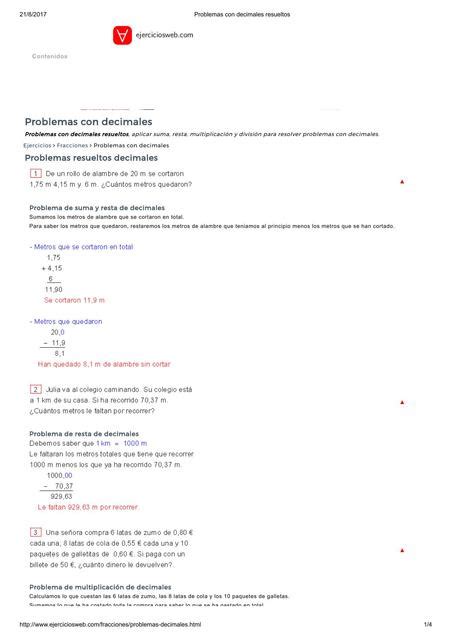 20 Problemas Con Decimales Resueltos UDocz