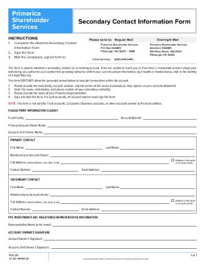 Fillable Online Primerica Shareholder Services Secondary Contact