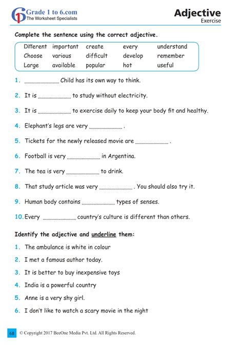 Adjective Exercises And Worksheet Grade1to6