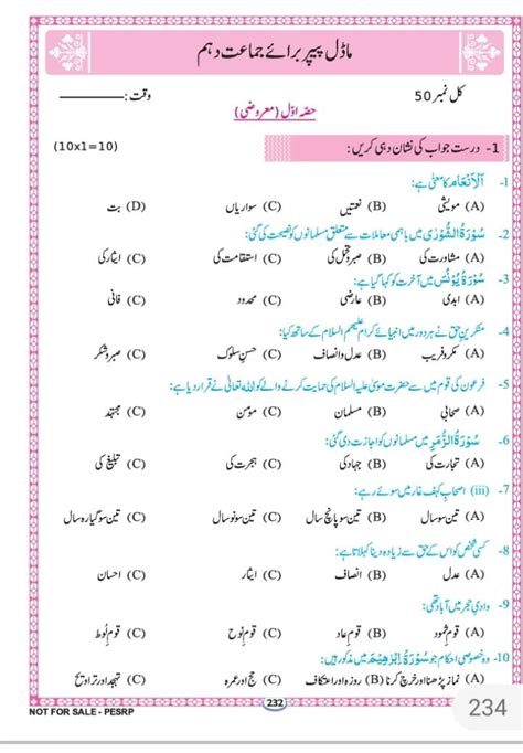Class 10th Tarjuma Tul Quran Past Paper Free Online MCQS Questions
