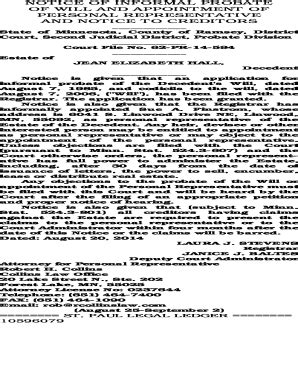 Fillable Online Notice Of Informal Probate Of Will And Appointment Of