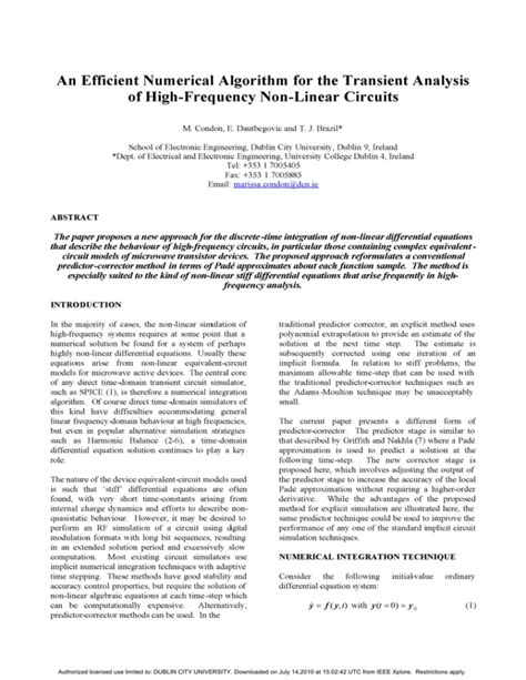 an efficient numerical algorithm for the transient analysis