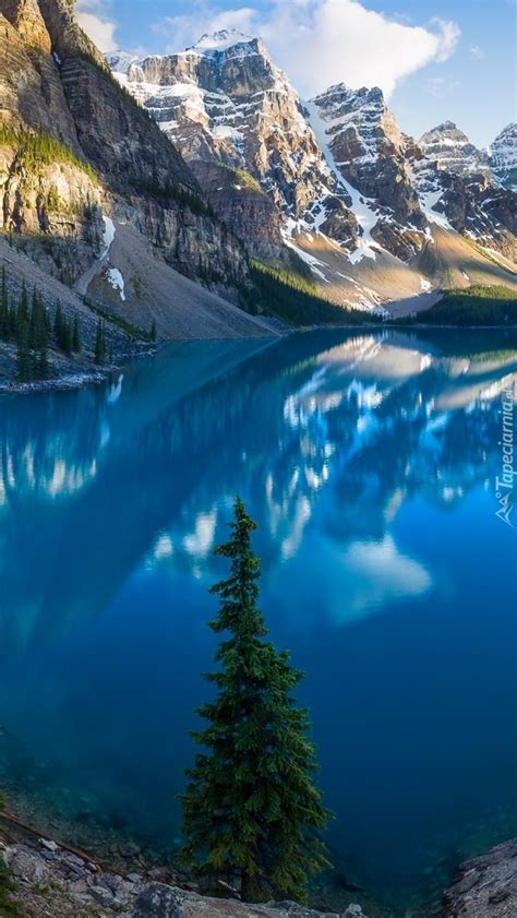 Odbicie ośnieżonych gór w jeziorze Moraine Lake Tapeta na telefon