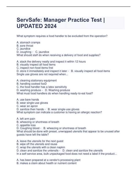 ServSafe Manager Practice Test UPDATED 2024 ServSafe Stuvia US