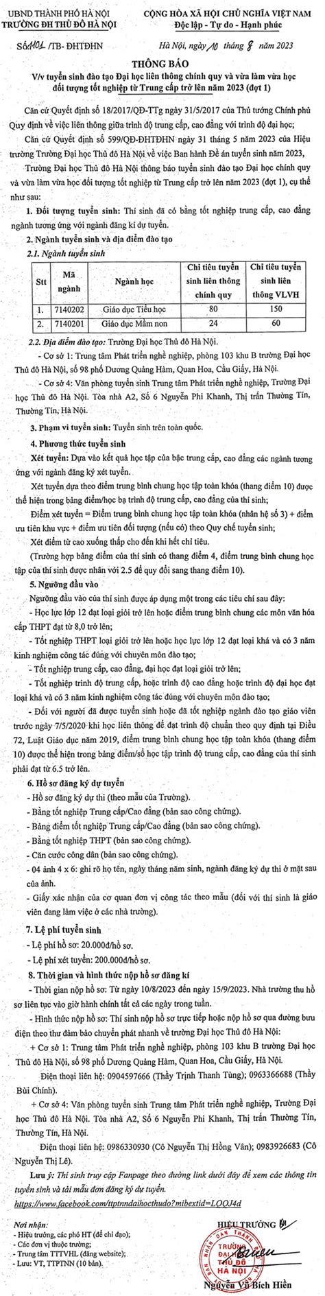 Đại học Thủ đô Hà Nội tuyển sinh liên thông đại học năm 2023 Thông