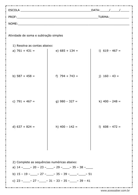 Atividade de matemática Soma e subtração reserva 2º ou 3º ano