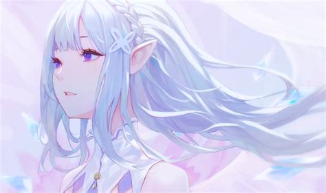 Close Emilia Re Zero Eru Eru Illust Long Hair Pointed Ears Purple