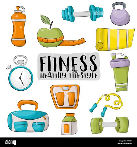 Fitness And Healthy Lifestyle Icons Set Colorful Hand Drawn Doodle