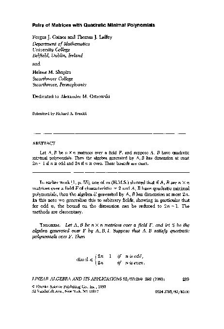 pdf pairs of matrices with quadratic minimal polynomials thomas j laffey