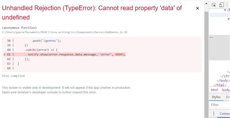 reactjs why am i getting the unhandled rejection error for my web application stack overflow