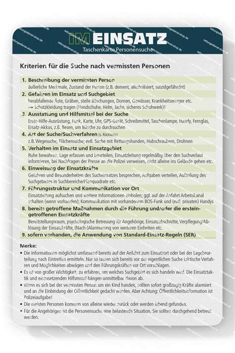 Personensuche Taschenkarte für Einsatzkräfte im Bevölkerungs und