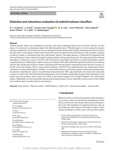 detection and robustness evaluation of android malware classifiers request pdf