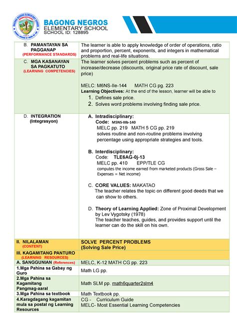 DLP Solve Percent Problems I LAYUNIN OBJECTIVE LESSON PLAN IN
