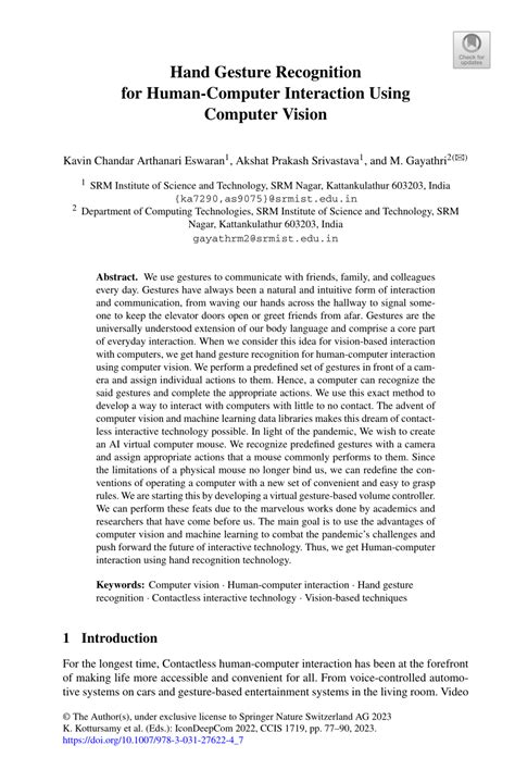 pdf hand gesture recognition for human computer interaction using computer vision