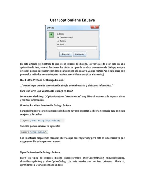 joptionpane en java pdf java lenguaje de programación ventana informática