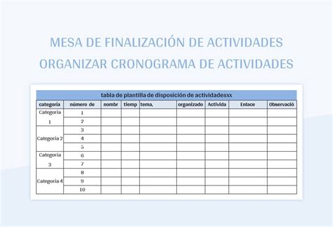 Plantilla de Formato Excel Mesa De Finalización De Actividades