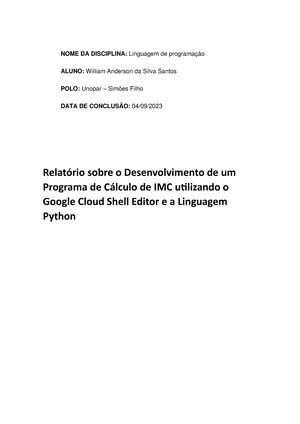 Relatório Aula pratica CÁLCULO DE IMC PYTHON Agosto de 2023