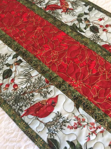 Christmas Cardinals Table Runner Quilt Birds Poinsettias 73F Quilted
