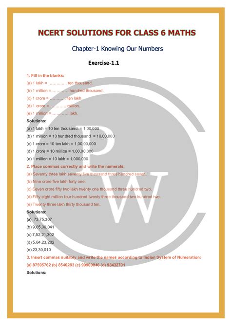 NCERT Solutions For Class 6 Maths Chapter 1 Knowing Our Numbers PW