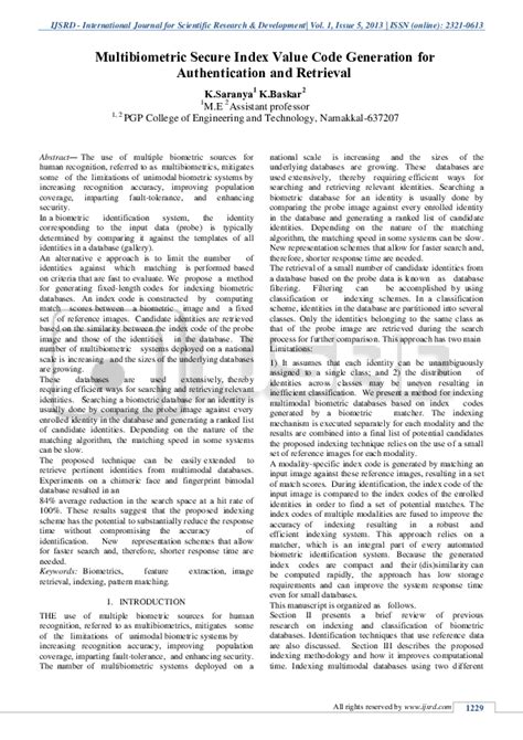 pdf multibiometric secure index value code generation for authentication and retrieval ijsrd