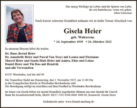 Traueranzeigen Von Gisela Heier Vrm Trauer De