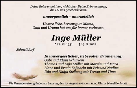 Traueranzeigen von Inge Müller trauer flz de