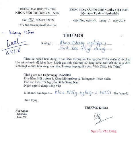 Thơ mời dự báo cáo chuyên đề khoa học của Khoa Môi trường và tài nguyên