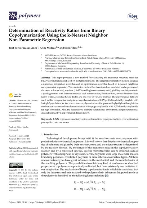 pdf determination of reactivity ratios from binary copolymerization using the k nearest