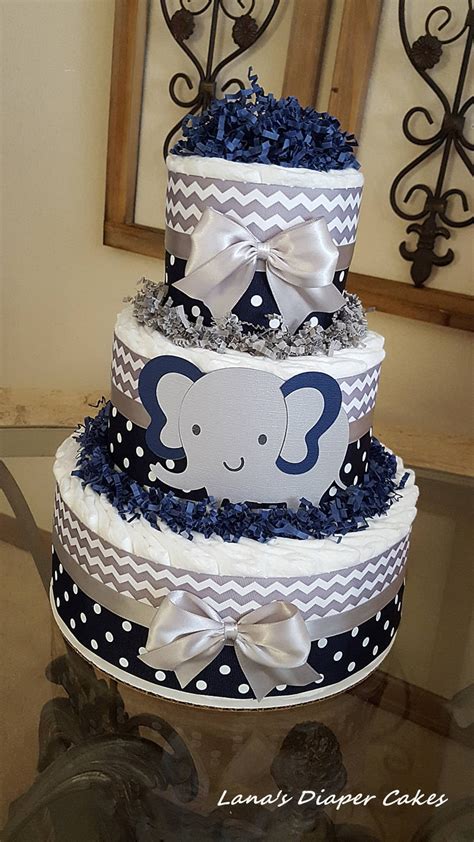 3 Tier Gray And Navy Blue Elephant Diaper Cake Boy Baby Shower Safari