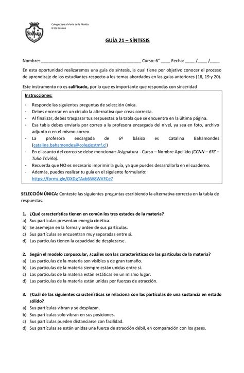 Prueba 6 básico estados de la materia Ciencias naturales subsector