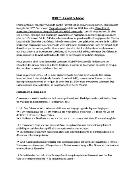 Analyse linéaire La mort de Manon Lescaut TEXTE 7 La mort de Manon