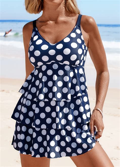 Mid Waisted Polka Dot Layered Navy Swimdress And Panty Rosewe