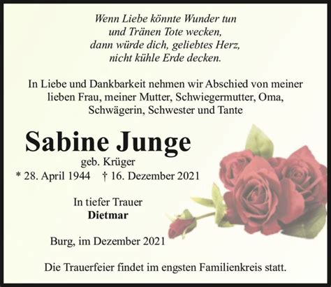 Traueranzeigen von Sabine Junge geb Krüger abschied nehmen de