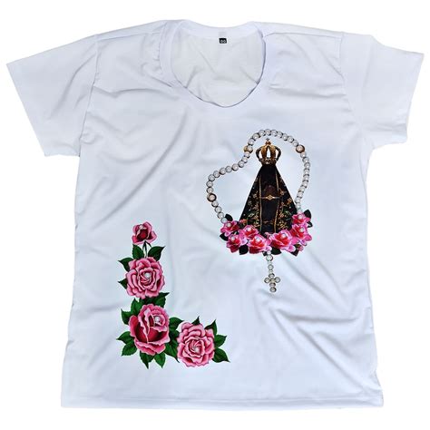 Camiseta Católica Nossa Senhora Aparecida Rosas Bordada Shopee Brasil