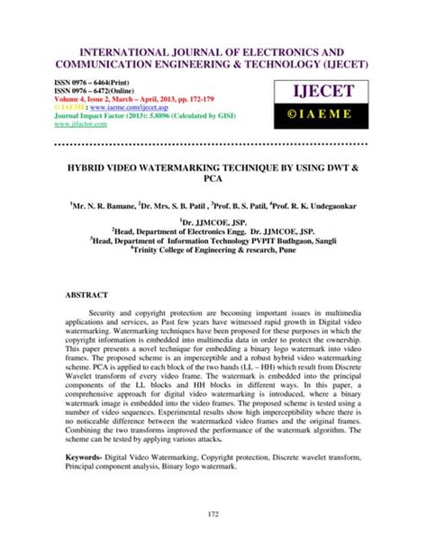 hybrid video watermarking technique by using dwt and pca pdf