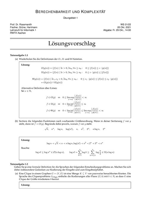 Lösungen zur Übung1 aus dem Wintersemester 2021 BERECHENBARKEIT UND