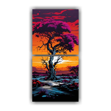 Cuadro Pintura Dos Lienzos Con Imagen única De árbol En Una Sabana Y