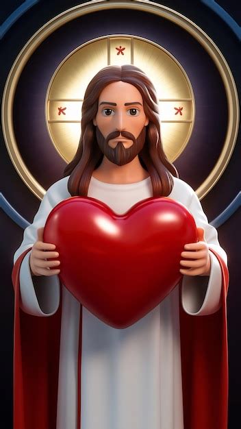 Beautiful Scene Of Jesus Christ Holding A Big Red Heart D Cartoon