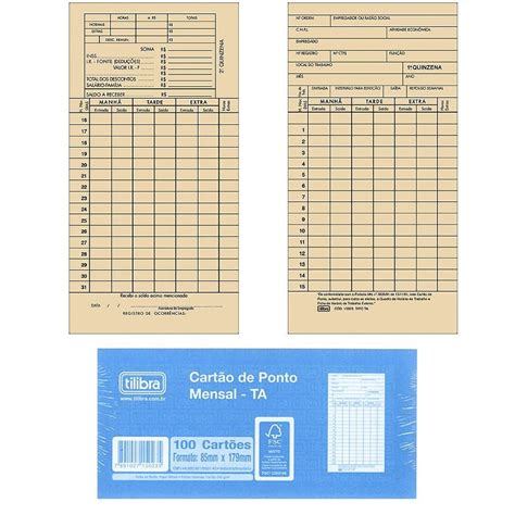Cartão de Ponto Mensal TA c 100 Cartões Tilibra Loja Kento