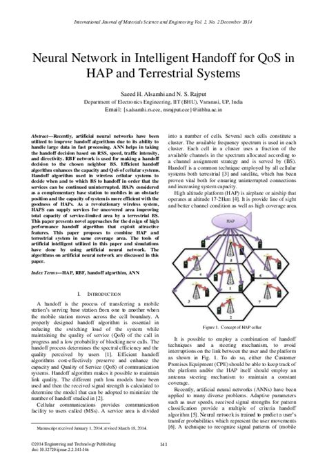 pdf neural network in intelligent handoff for qos in hap and terrestrial systems saeed