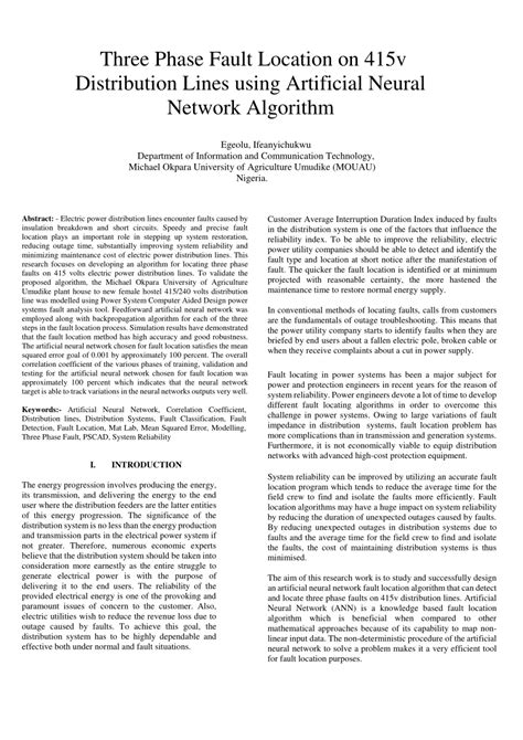 pdf three phase fault location on 415v distribution lines using artificial neural network