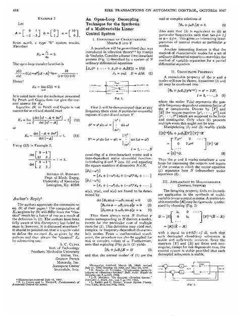 an open loop decoupling technique for the synthesis of a multivariable linear control system