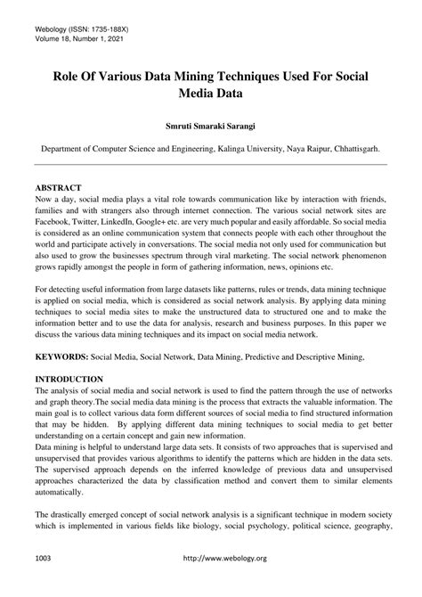 pdf role of various data mining techniques used for social media data