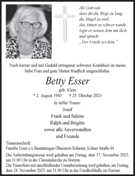 Traueranzeigen Von Betty Esser WirTrauern