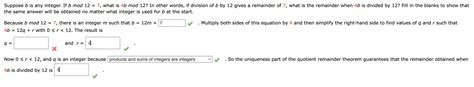 solved suppose b ﻿is any integer if b ﻿mod 12 7 ﻿what is
