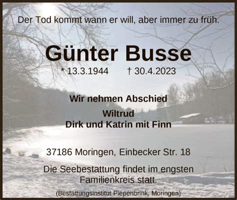 Traueranzeigen von Günter Busse Trauer HNA de