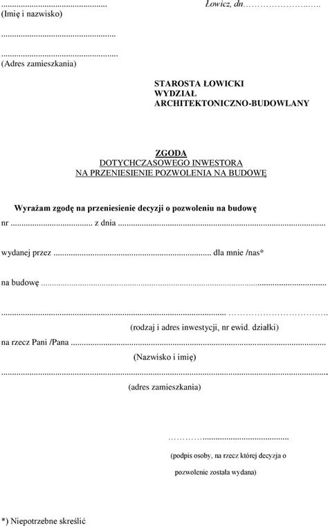 WNIOSEK O PRZENIESIENIE POZWOLENIA NA BUDOWĘ STAROSTA ŁOWICKI WYDZIAŁ