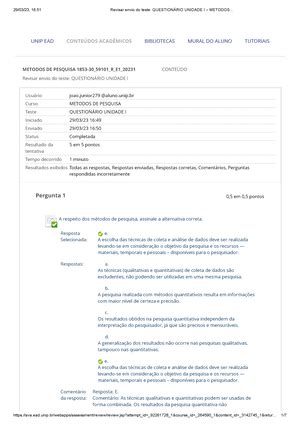 Unip Metodos De Pesquisa Question Rio Unidade Ii Metodos Revisar