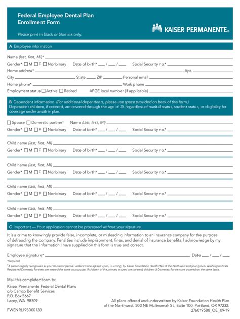 Fillable Online Healthplans Kaiserpermanente Federal Employee Dental